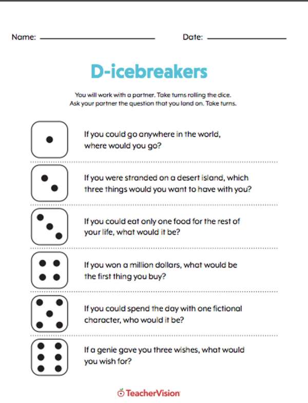 Rolling A Dice Icebreaker Activity TeacherVision